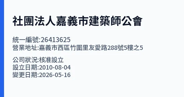 社團法人嘉義市建築師公會的照片-統編 26413625(嘉義市) 公司登記資料與營業項目詳細圖表