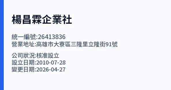 楊昌霖企業社的照片-統編 26413836(高雄市) 公司登記資料與營業項目詳細圖表