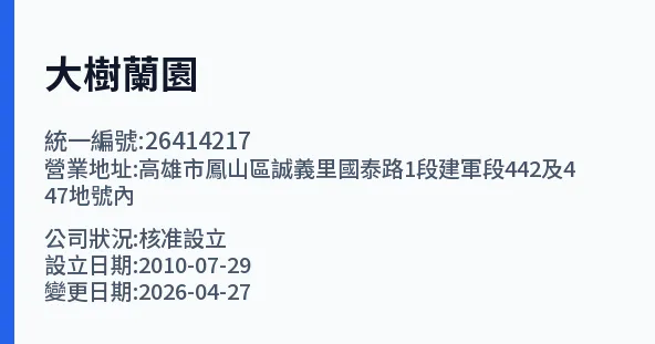 大樹蘭園的照片-統編 26414217(高雄市) 公司登記資料與營業項目詳細圖表