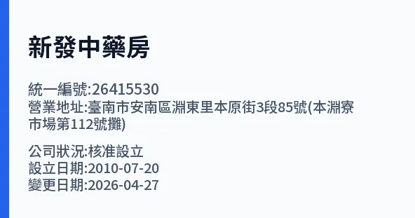 新發中藥房的照片-統編 26415530(臺南市) 公司登記資料與營業項目詳細圖表