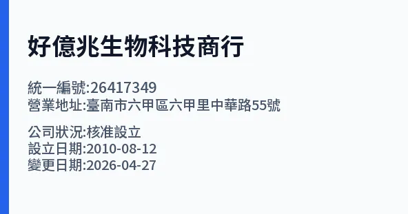 好億兆生物科技商行的照片-統編 26417349(臺南市) 公司登記資料與營業項目詳細圖表