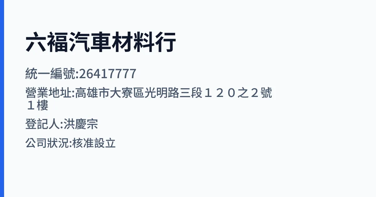 六褔汽車材料行 - 統編 26417777(高雄市) 公司登記資料與營業項目詳細圖表