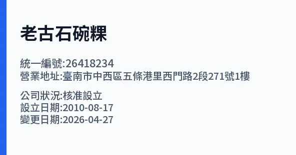 老古石碗粿的照片-統編 26418234(臺南市) 公司登記資料與營業項目詳細圖表