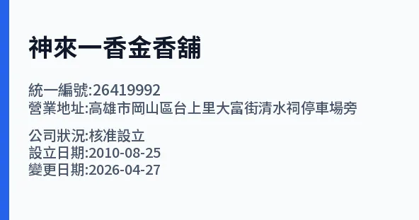 神來一香金香舖的照片-統編 26419992(高雄市) 公司登記資料與營業項目詳細圖表