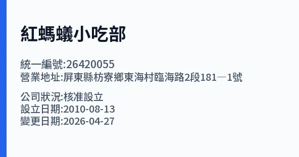 紅螞蟻小吃部的照片-統編 26420055(屏東縣) 公司登記資料與營業項目詳細圖表