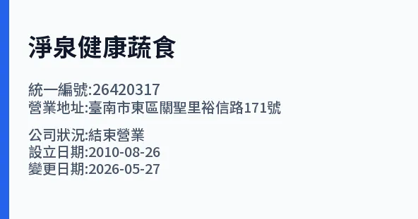淨泉健康蔬食的照片-統編 26420317(臺南市) 公司登記資料與營業項目詳細圖表