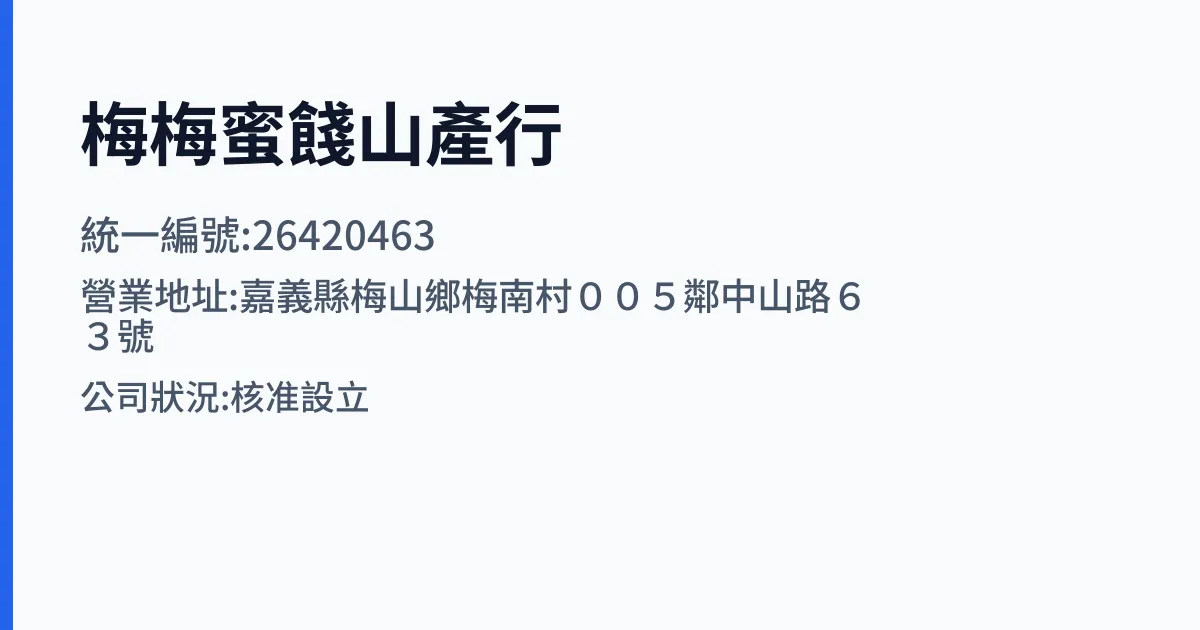 梅梅蜜餞山產行 - 統編 26420463(嘉義縣) 公司登記資料與營業項目詳細圖表