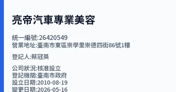 亮帝汽車專業美容的照片-統編 26420549(臺南市) 公司登記資料與營業項目詳細圖表