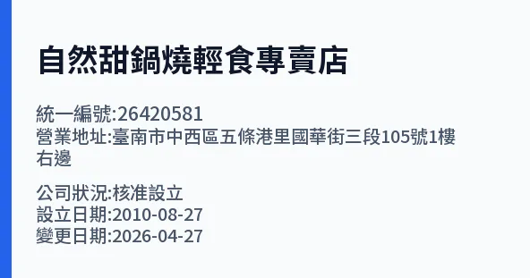 自然甜鍋燒輕食專賣店的照片-統編 26420581(臺南市) 公司登記資料與營業項目詳細圖表