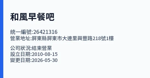 和風早餐吧的照片-統編 26421316(屏東縣) 公司登記資料與營業項目詳細圖表
