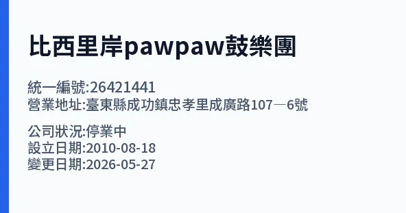 比西里岸pawpaw鼓樂團的照片-統編 26421441(臺東縣) 公司登記資料與營業項目詳細圖表