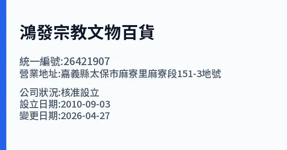 鴻發宗教文物百貨的照片-統編 26421907(嘉義縣) 公司登記資料與營業項目詳細圖表