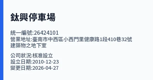 鈦興停車場的照片-統編 26424101(臺南市) 公司登記資料與營業項目詳細圖表