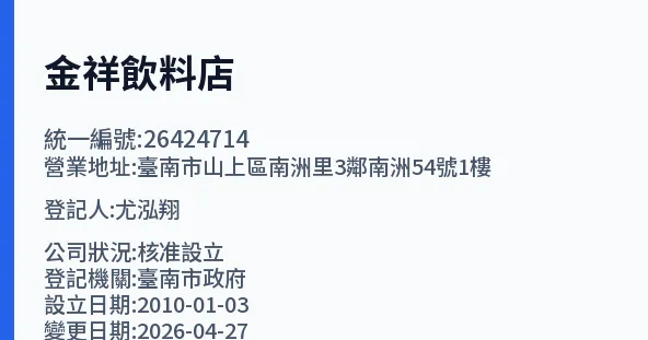 金祥飲料店的照片-統編 26424714(臺南市) 公司登記資料與營業項目詳細圖表