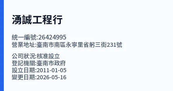 湧誠工程行的照片-統編 26424995(臺南市) 公司登記資料與營業項目詳細圖表