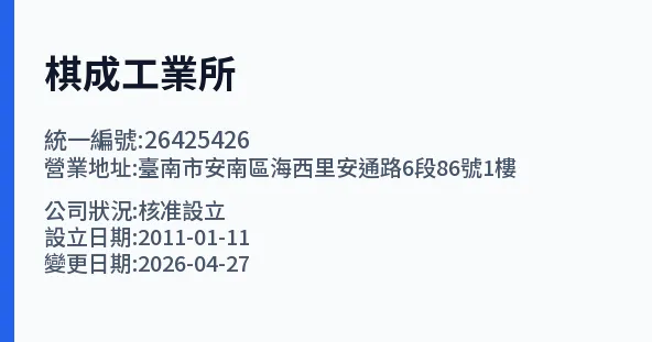 棋成工業所的照片-統編 26425426(臺南市) 公司登記資料與營業項目詳細圖表