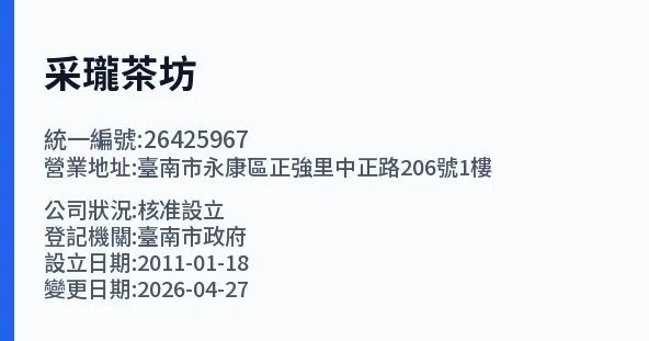 采瓏茶坊的照片-統編 26425967(臺南市) 公司登記資料與營業項目詳細圖表