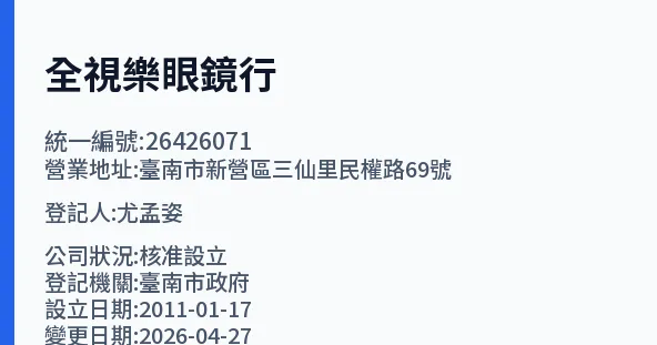 全視樂眼鏡行的照片-統編 26426071(臺南市) 公司登記資料與營業項目詳細圖表