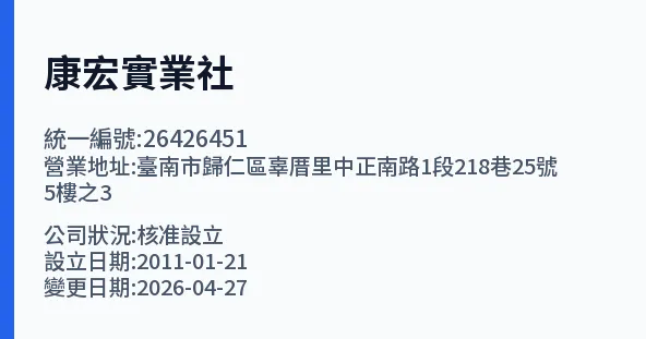 康宏實業社的照片-統編 26426451(臺南市) 公司登記資料與營業項目詳細圖表