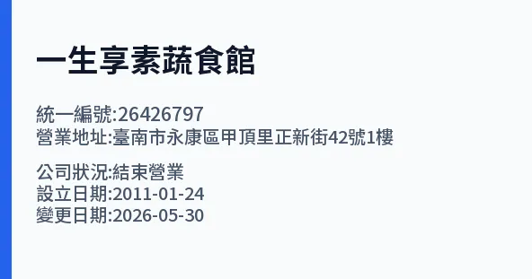 一生享素蔬食館的照片-統編 26426797(臺南市) 公司登記資料與營業項目詳細圖表