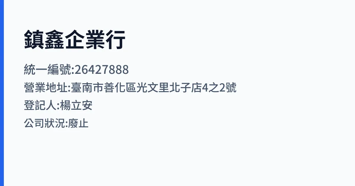 鎮鑫企業行 - 統編 26427888(臺南市) 公司登記資料與營業項目詳細圖表