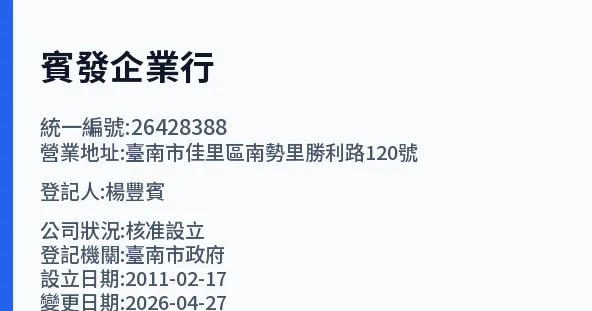 賓發企業行的照片-統編 26428388(臺南市) 公司登記資料與營業項目詳細圖表