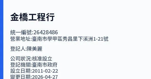 金橋工程行的照片-統編 26428486(臺南市) 公司登記資料與營業項目詳細圖表