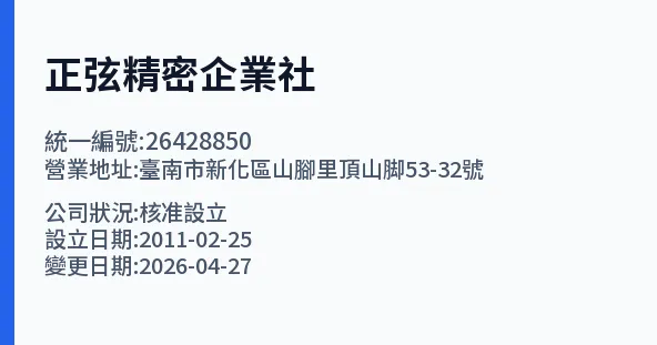 正弦精密企業社的照片-統編 26428850(臺南市) 公司登記資料與營業項目詳細圖表