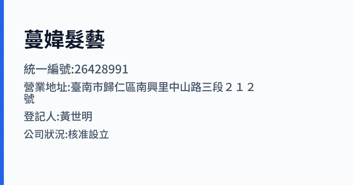 蔓媁髮藝 - 統編 26428991(臺南市) 公司登記資料與營業項目詳細圖表