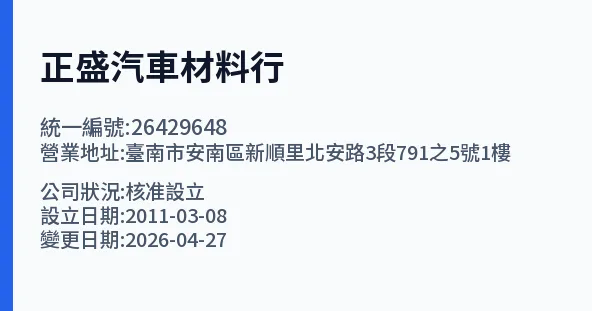 正盛汽車材料行的照片-統編 26429648(臺南市) 公司登記資料與營業項目詳細圖表