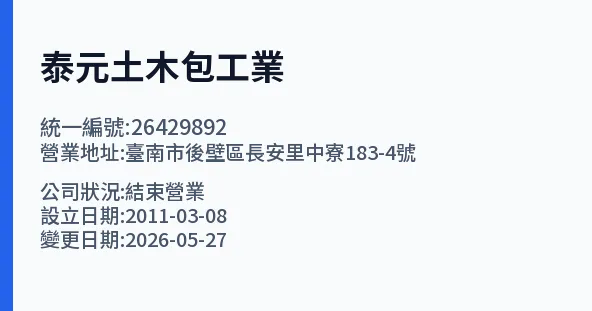 泰元土木包工業的照片-統編 26429892(臺南市) 公司登記資料與營業項目詳細圖表