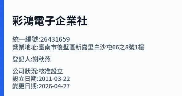 彩鴻電子企業社的照片-統編 26431659(臺南市) 公司登記資料與營業項目詳細圖表