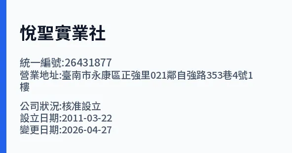 悅聖實業社的照片-統編 26431877(臺南市) 公司登記資料與營業項目詳細圖表