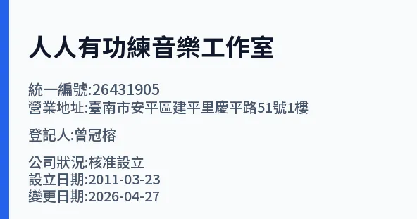 人人有功練音樂工作室的照片-統編 26431905(臺南市) 公司登記資料與營業項目詳細圖表