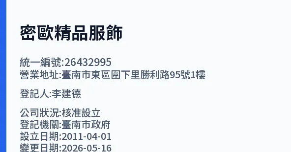 密歐精品服飾的照片-統編 26432995(臺南市) 公司登記資料與營業項目詳細圖表