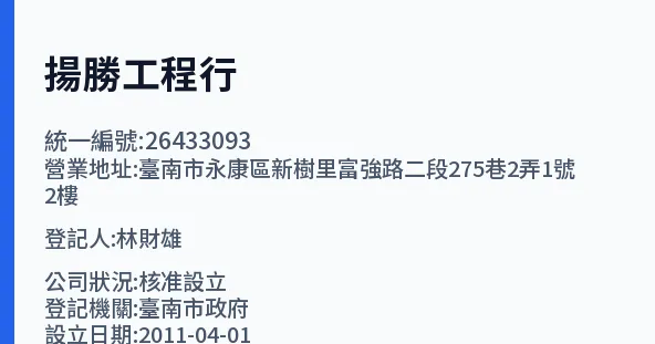 揚勝工程行的照片-統編 26433093(臺南市) 公司登記資料與營業項目詳細圖表