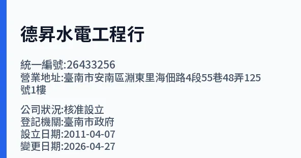 德昇水電工程行的照片-統編 26433256(臺南市) 公司登記資料與營業項目詳細圖表