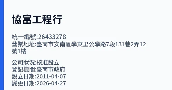 協富工程行的照片-統編 26433278(臺南市) 公司登記資料與營業項目詳細圖表