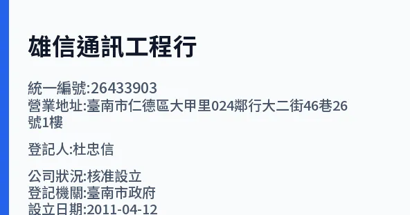 雄信通訊工程行的照片-統編 26433903(臺南市) 公司登記資料與營業項目詳細圖表