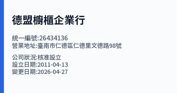 德盟櫥櫃企業行的照片-統編 26434136(臺南市) 公司登記資料與營業項目詳細圖表