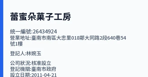 蕾蜜朵菓子工房的照片-統編 26434924(臺南市) 公司登記資料與營業項目詳細圖表