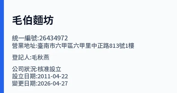 毛伯麵坊的照片-統編 26434972(臺南市) 公司登記資料與營業項目詳細圖表
