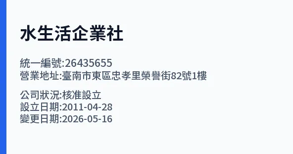 水生活企業社的照片-統編 26435655(臺南市) 公司登記資料與營業項目詳細圖表