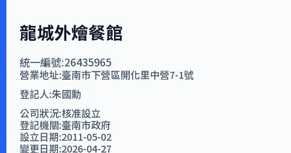 龍城外燴餐館的照片-統編 26435965(臺南市) 公司登記資料與營業項目詳細圖表