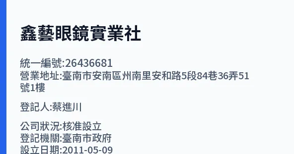 鑫藝眼鏡實業社的照片-統編 26436681(臺南市) 公司登記資料與營業項目詳細圖表