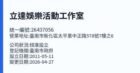 立達娛樂活動工作室的照片-統編 26437056(臺南市) 公司登記資料與營業項目詳細圖表