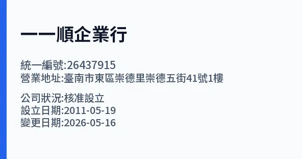 一一順企業行的照片-統編 26437915(臺南市) 公司登記資料與營業項目詳細圖表