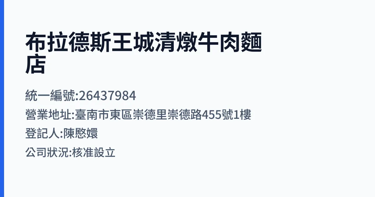 布拉德斯王城清燉牛肉麵店 - 統編 26437984(臺南市) 公司登記資料與營業項目詳細圖表