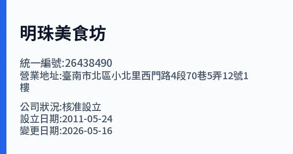 明珠美食坊的照片-統編 26438490(臺南市) 公司登記資料與營業項目詳細圖表