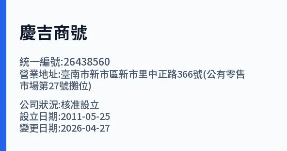 慶吉商號的照片-統編 26438560(臺南市) 公司登記資料與營業項目詳細圖表